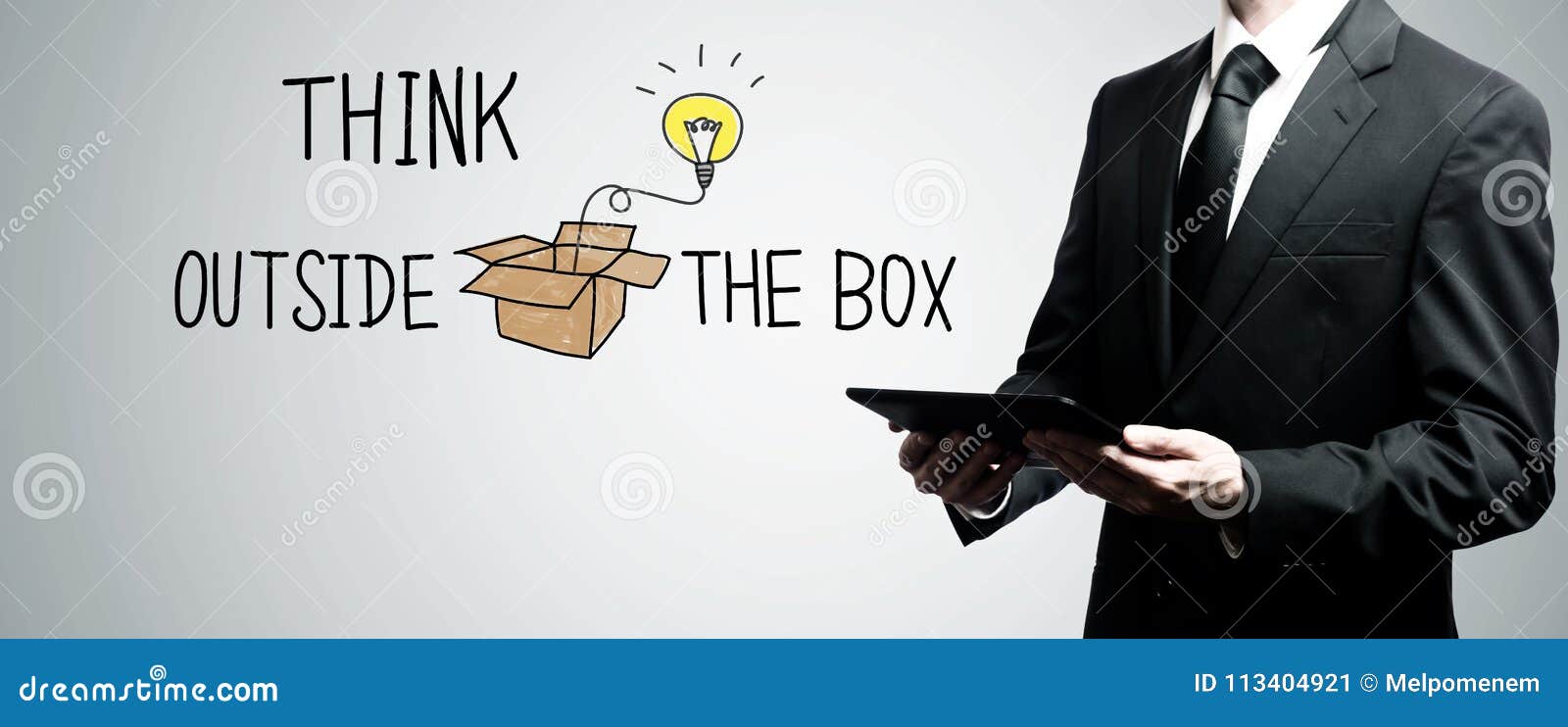 Think Outside the Box with Man Holding Tablet Computer Stock Image ...