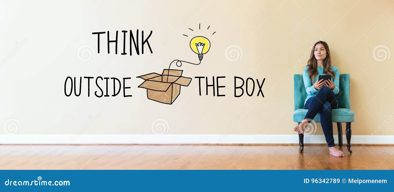 Think Outside the Box Text with Young Woman Holding a Tablet Computer ...
