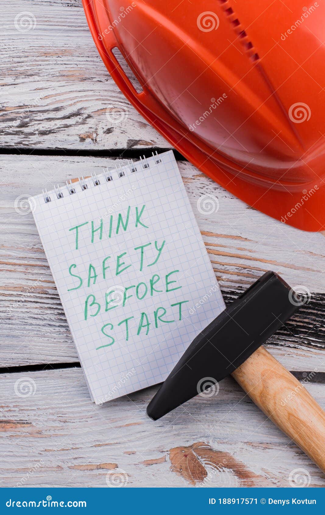 Think Safety before Start Note and Working Tools on Wooden Table. Stock ...