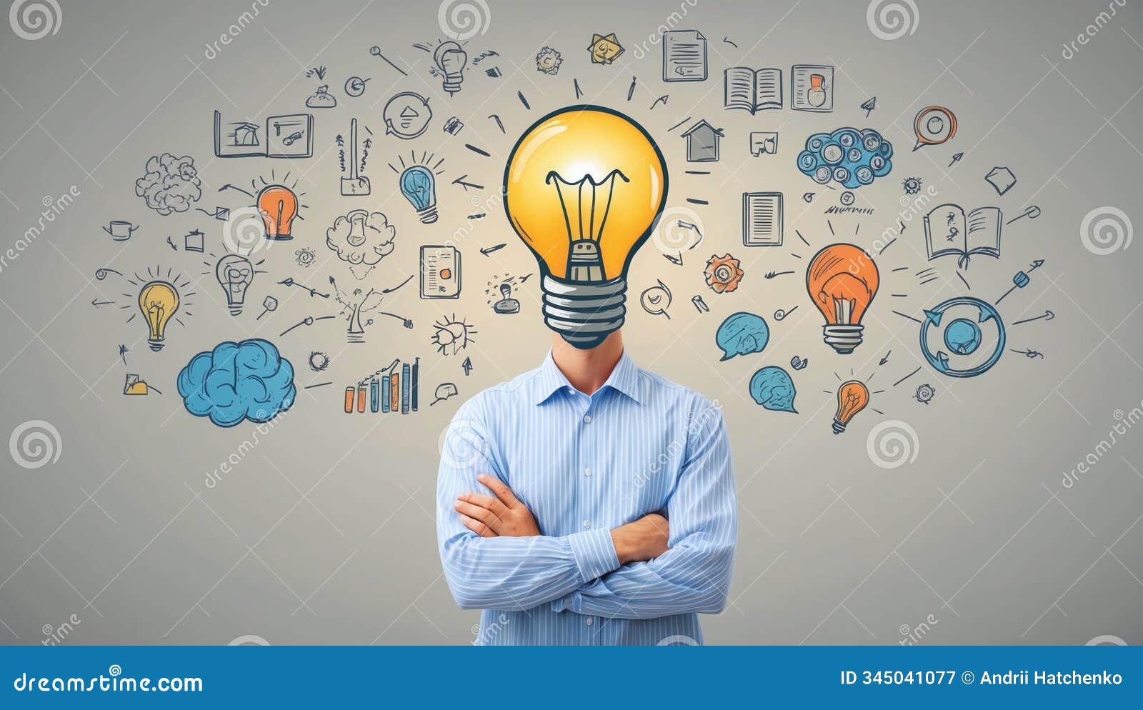A Thinker with an Idea Light Bulb Surrounded by Various Symbols of ...