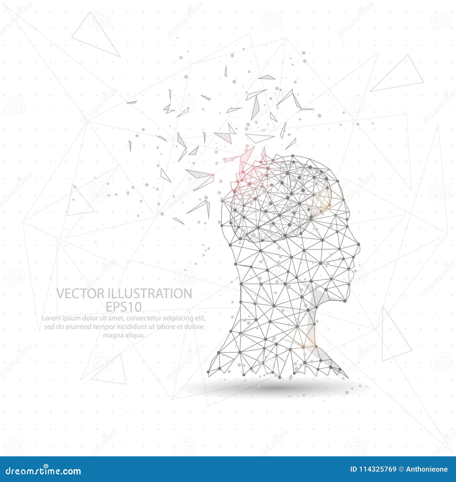 Thinker Man Head and Brain Digitally Drawn Low Poly Triangle Wire Frame ...