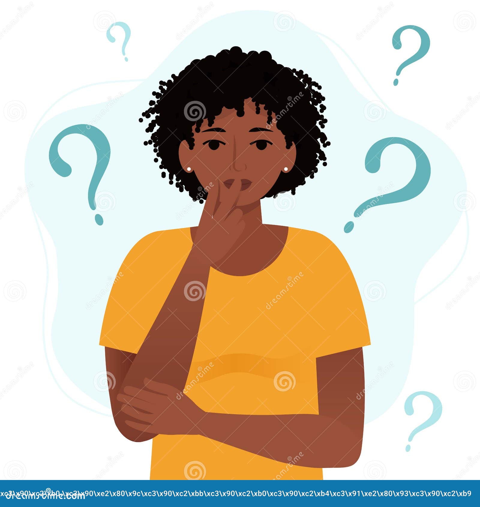 Thinking African Woman with Question Marks. Flat Cartoon Style Vector ...