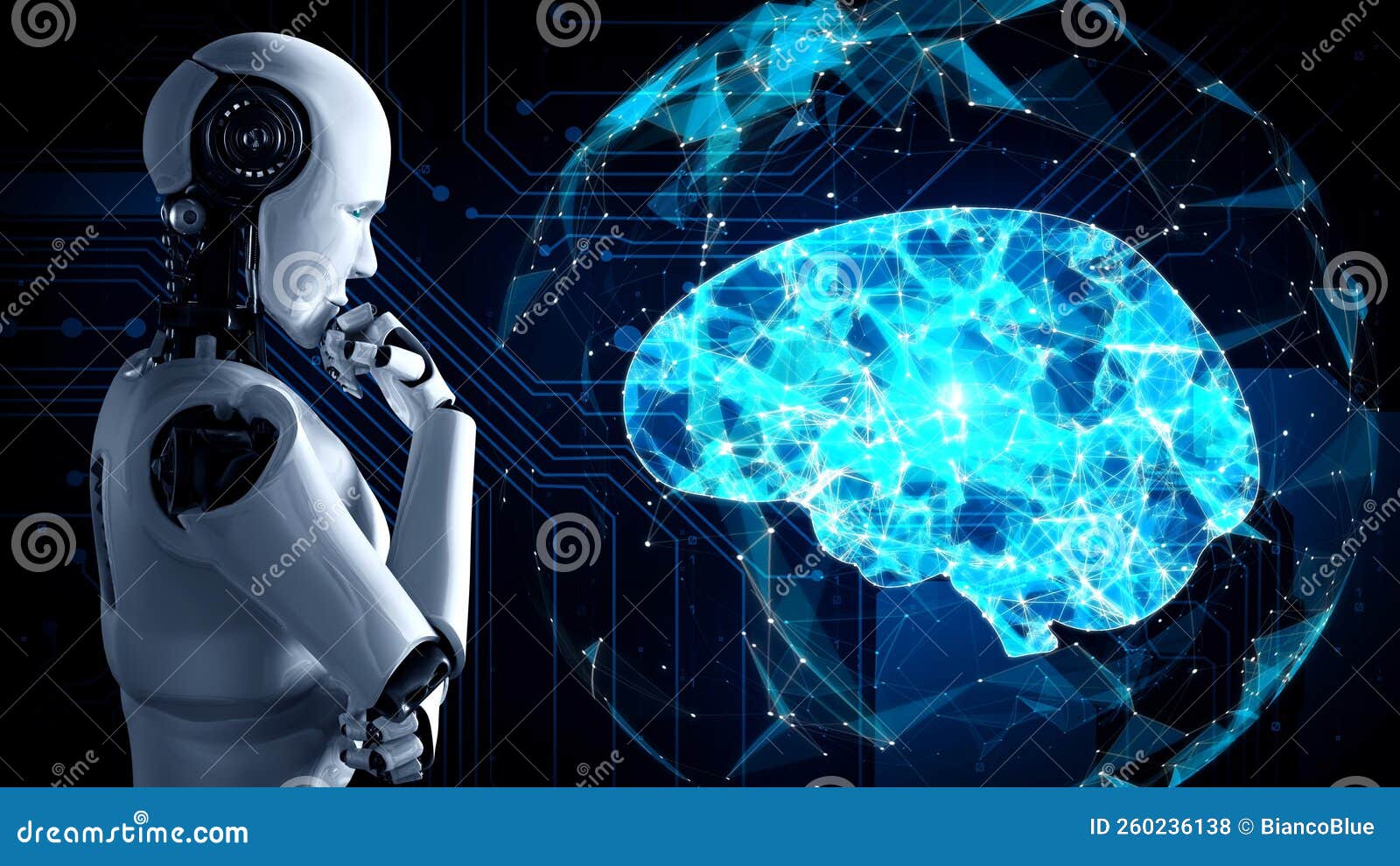 Thinking AI Hominoid Robot Analyzing Hologram Screen Showing Concept of ... Thinking AI Hominoid Robot Analyzing Hologram Screen Showing Concept of ...