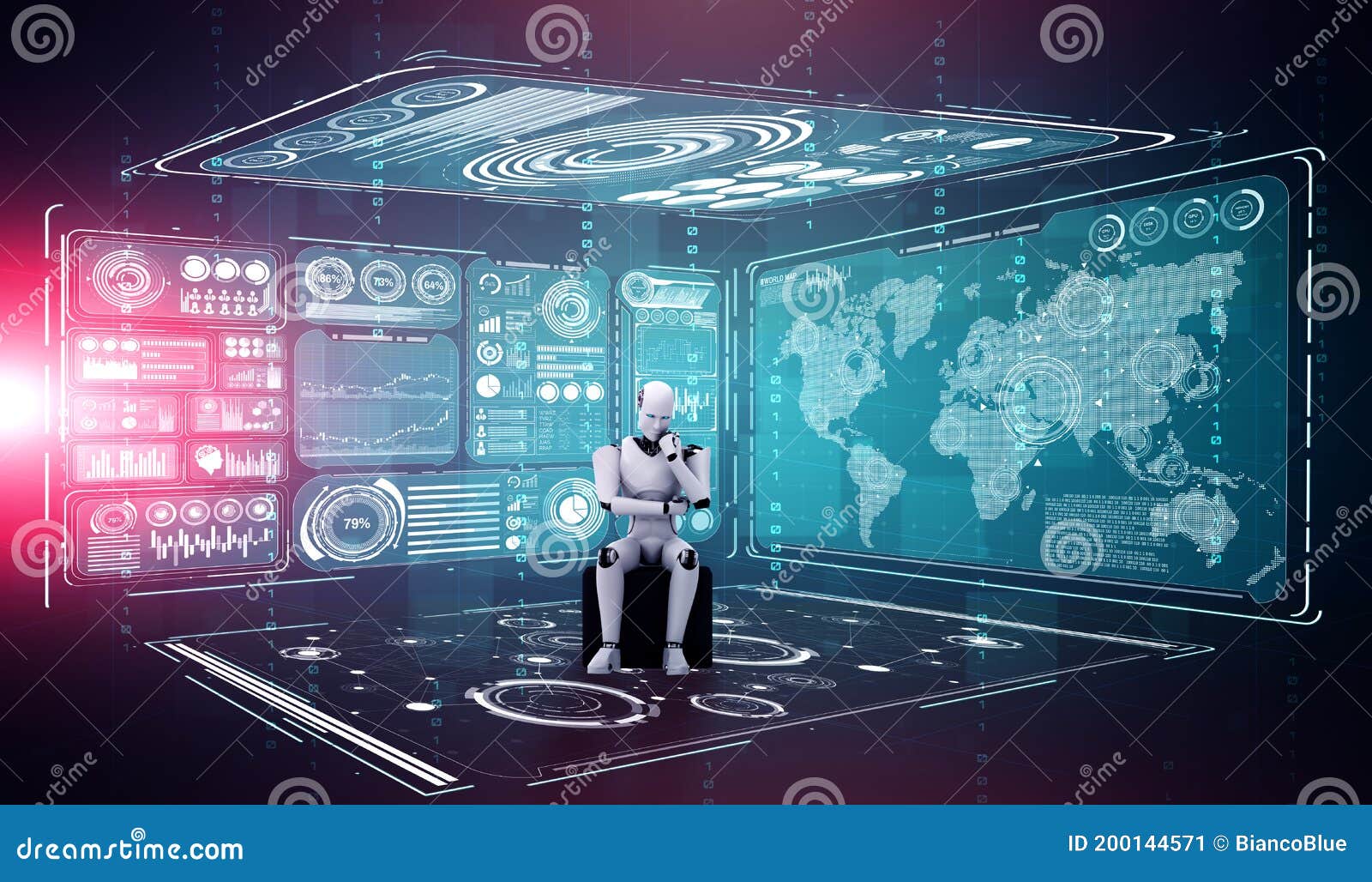 Thinking AI Humanoid Robot Analyzing Hologram Screen Showing Concept ...