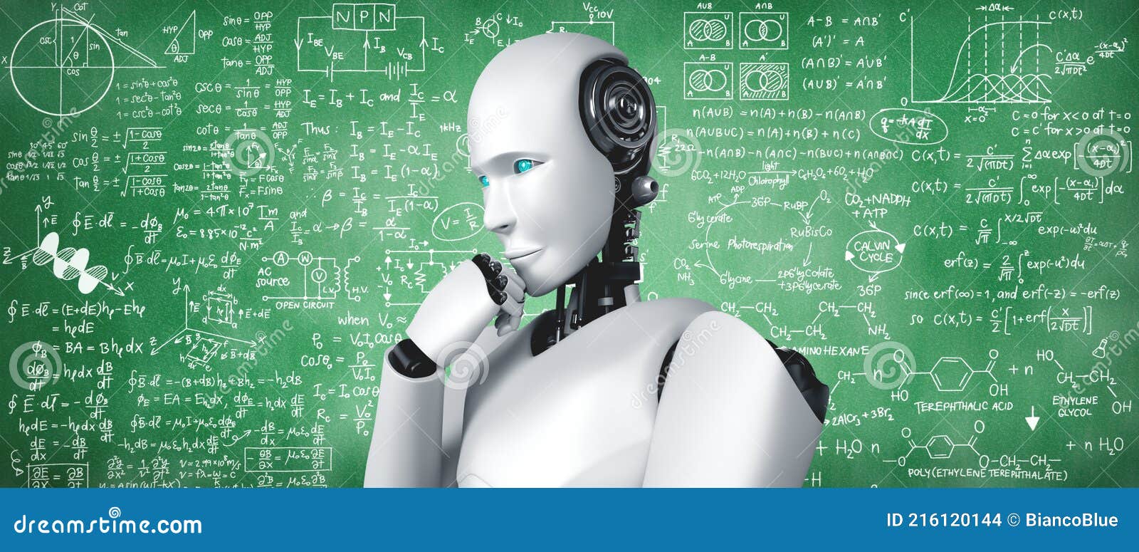 Thinking AI Humanoid Robot Analyzing Screen Of Mathematics Formula And ...