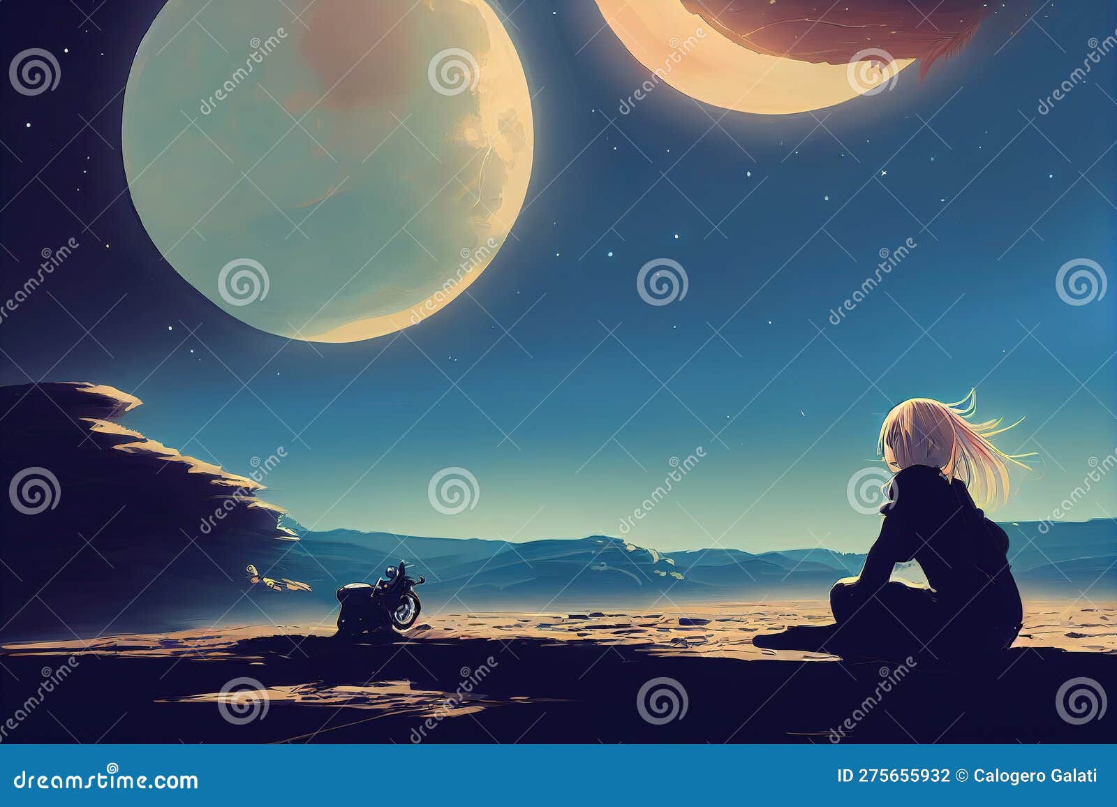 Thinking Anime Girl Sitting on a Hill, Studying at a Sci Fi Planet, Ai ...