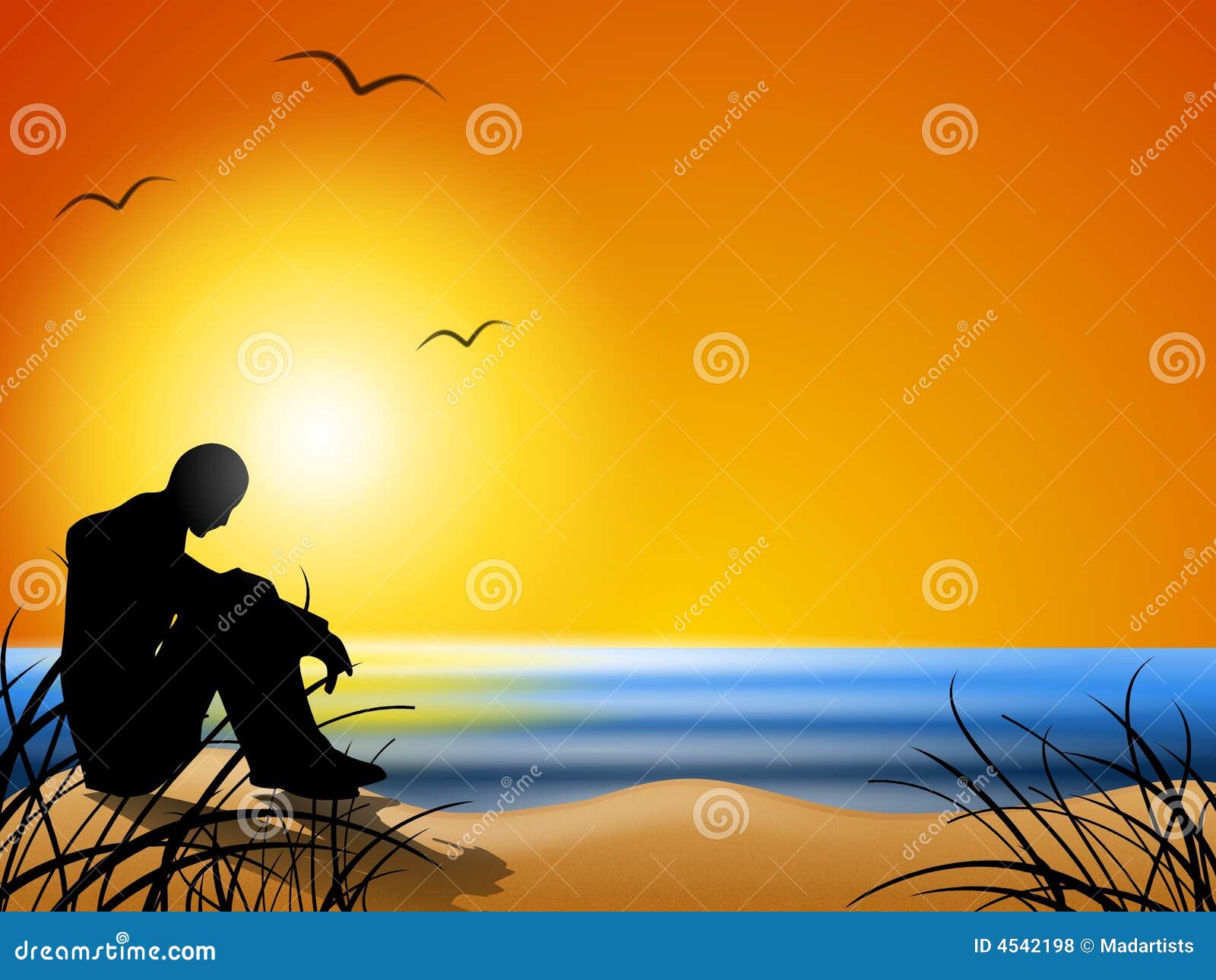 Thinking on the Beach at Sunset Stock Illustration - Illustration of ...