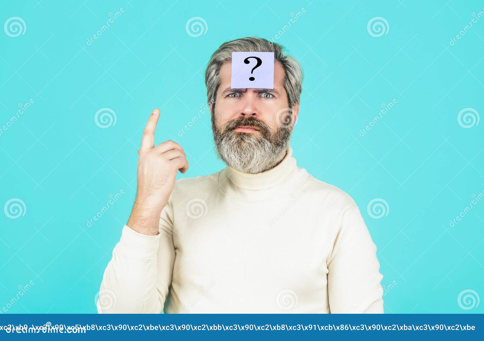 Thinking Bearded Man with Question Mark on Blue Background. Paper Notes ...