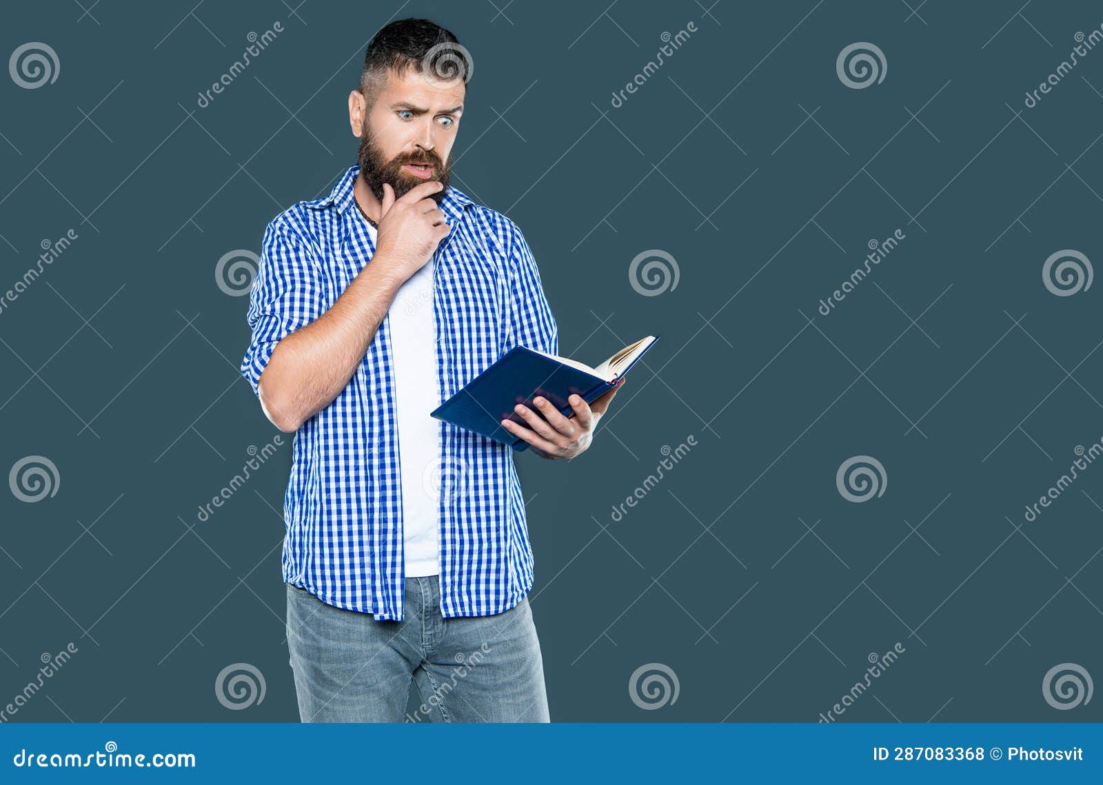 Thinking Bearded Man Reading Book on Grey Background Stock Photo ...
