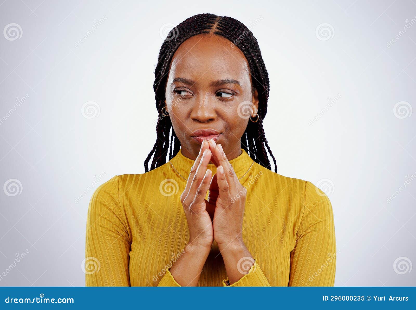Thinking, Black Woman and Scheme Hands in Studio for Evil, Planning or ...