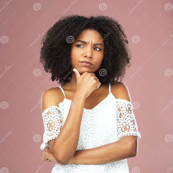 Thinking, Black Woman and Wondering or Confused in Studio with Question ...