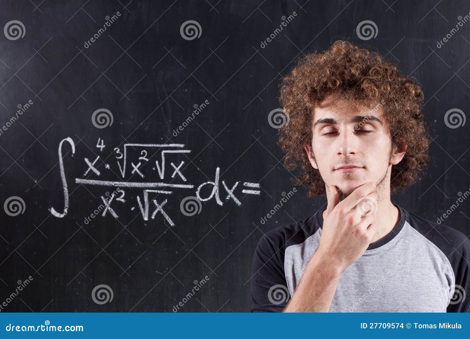 Thinking Boy with Blackboard Solving Equation Stock Photo - Image of ...