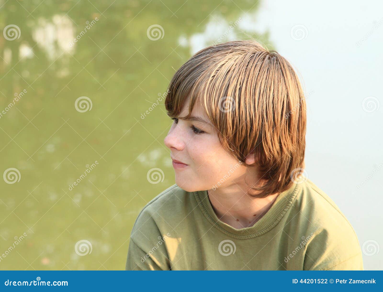 Thinking boy stock photo. Image of pond, shirt, think - 44201522