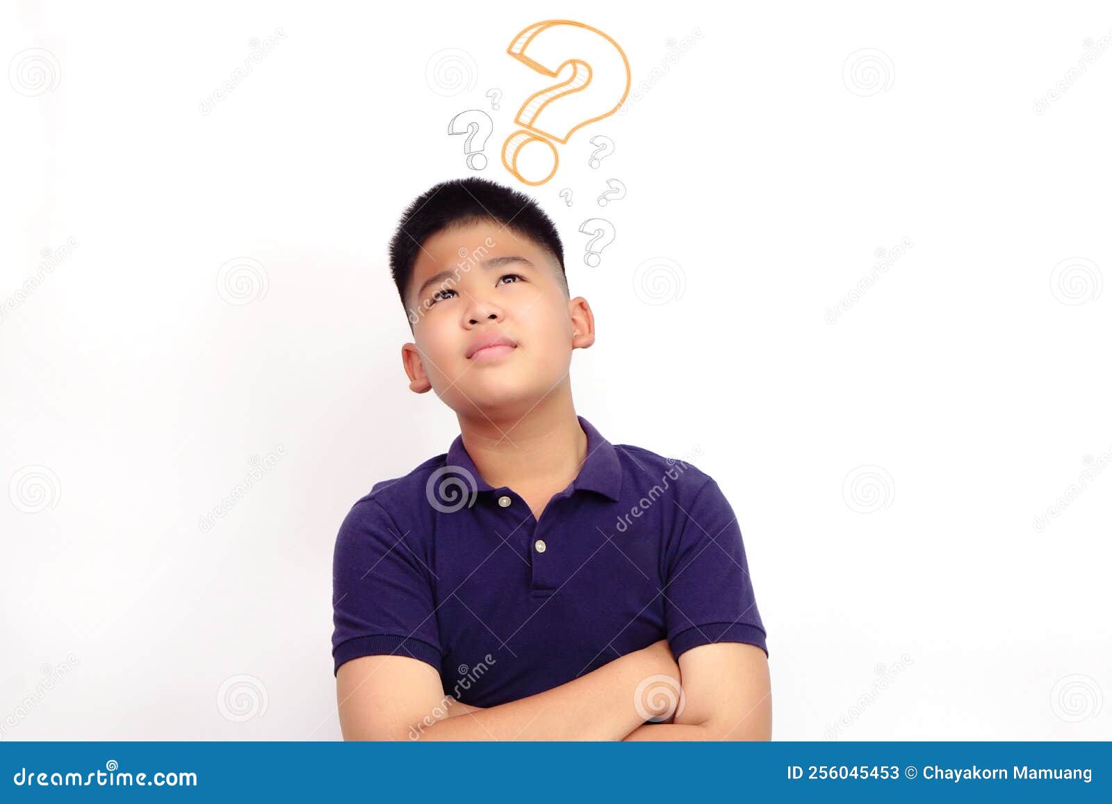 Thinking Boy on White Background with Question Mark. Bright Ideas and ...