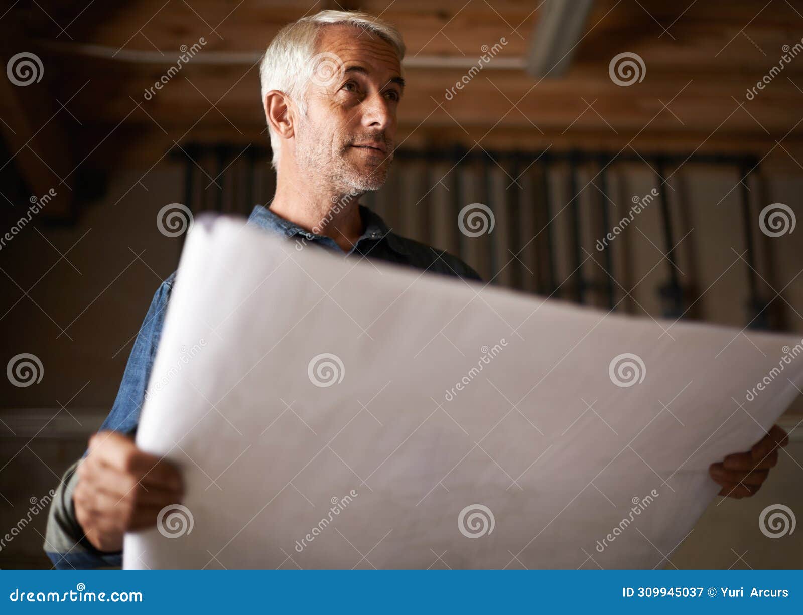 Thinking, Business and Man with Blueprint, Engineering and Architect ...