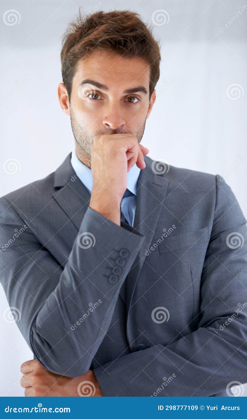 Thinking, Business and Man with Portrait, Doubt and Solution with ...