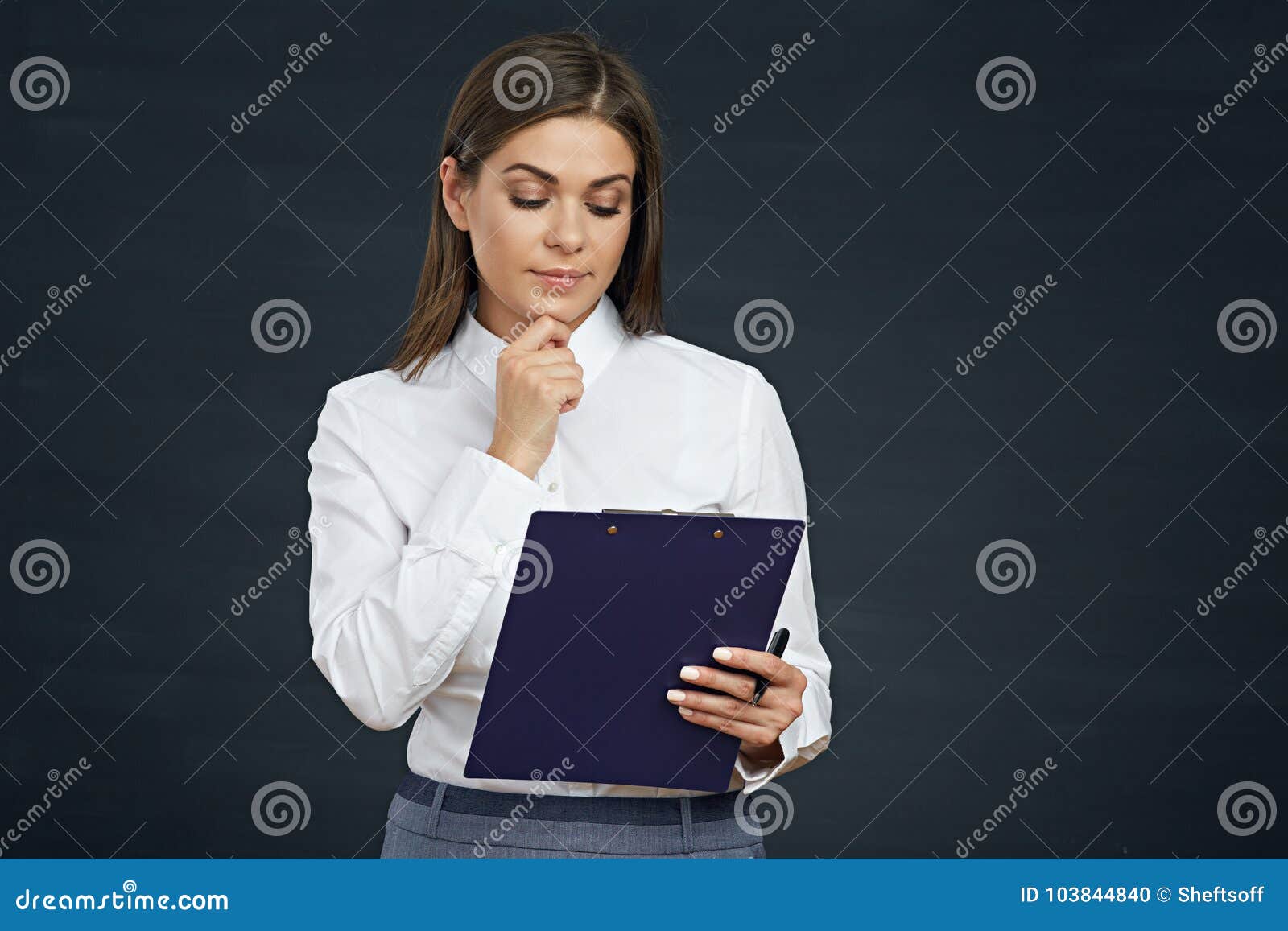 Thinking Business Woman Holding Clipboard. Stock Photo - Image of exit ... Thinking Business Woman Holding Clipboard. Stock Photo - Image of exit ...