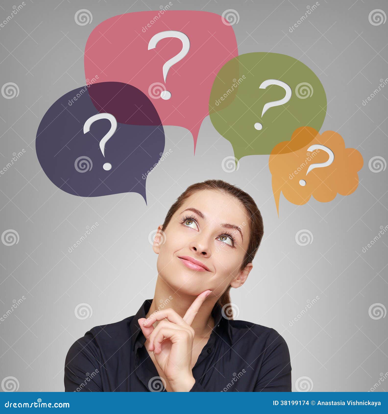 Woman With Question Marks On Grey Background Stock Photography ...
