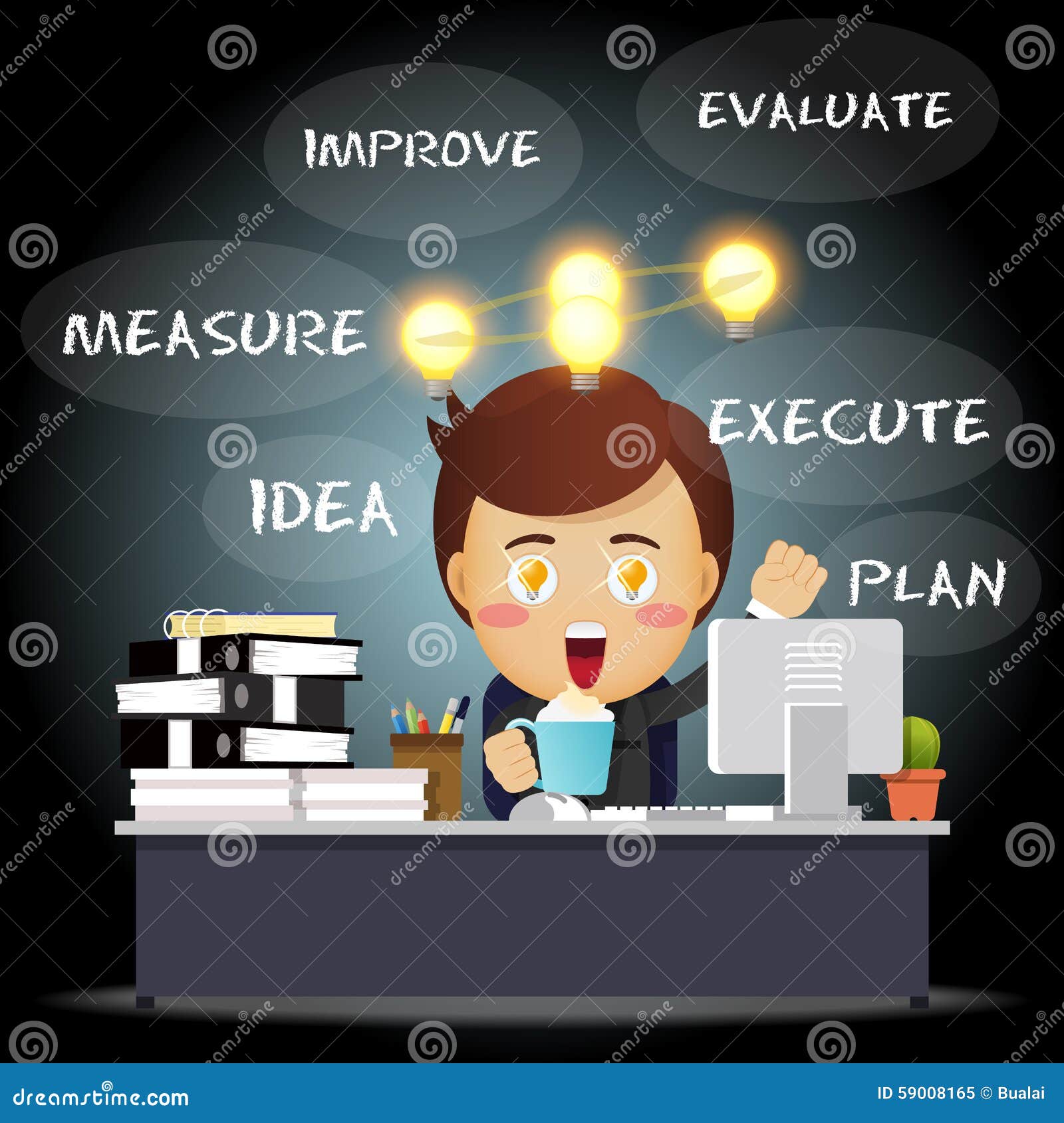 Thinking Businessman Working on Computer with Idea Bulb Stock Vector ...