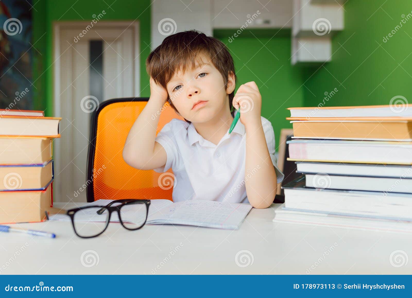 Thinking Child Bored, Frustrated and Fed Up Doing His Homework Stock ...