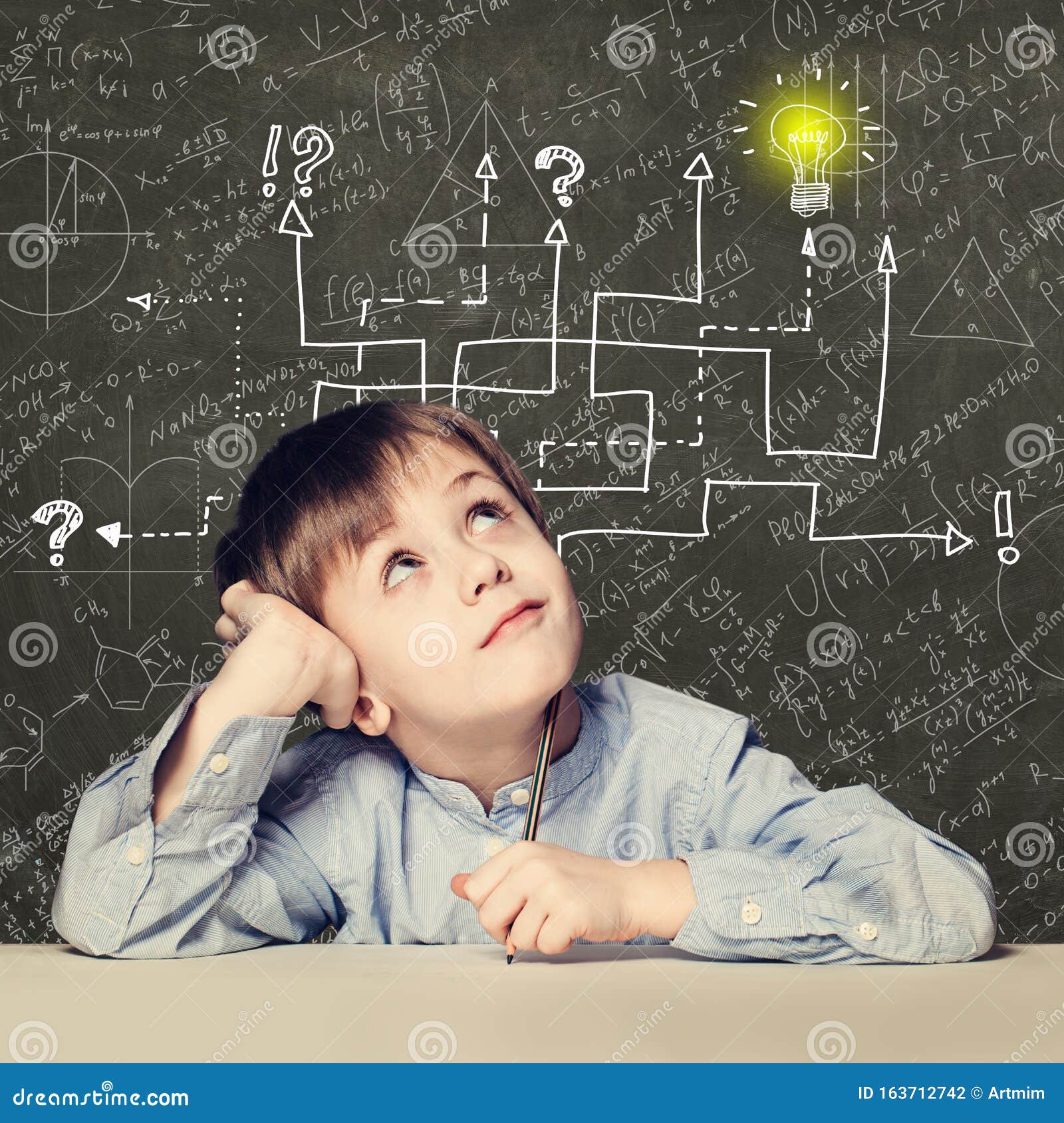 Thinking Child Boy with Question Signs and Light Idea Bulb, Education ...