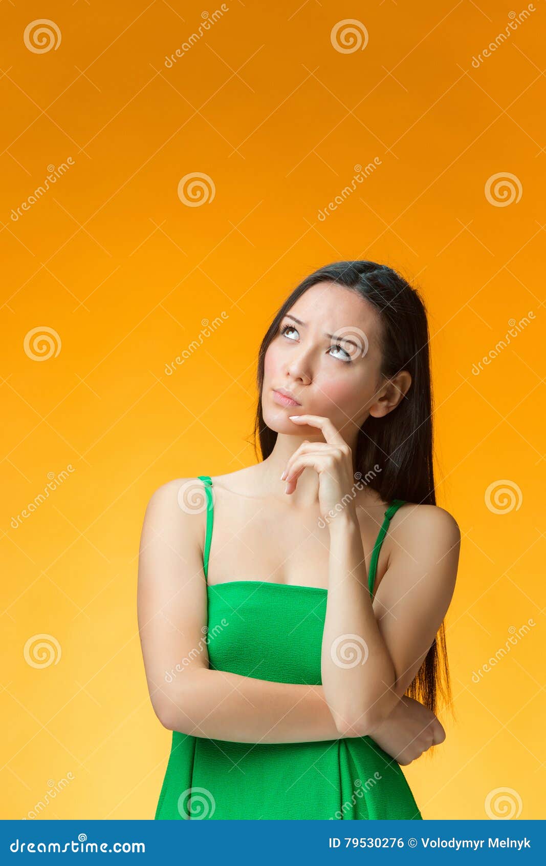 The Thinking Chinese Girl on Yellow Background Stock Photo - Image of ...