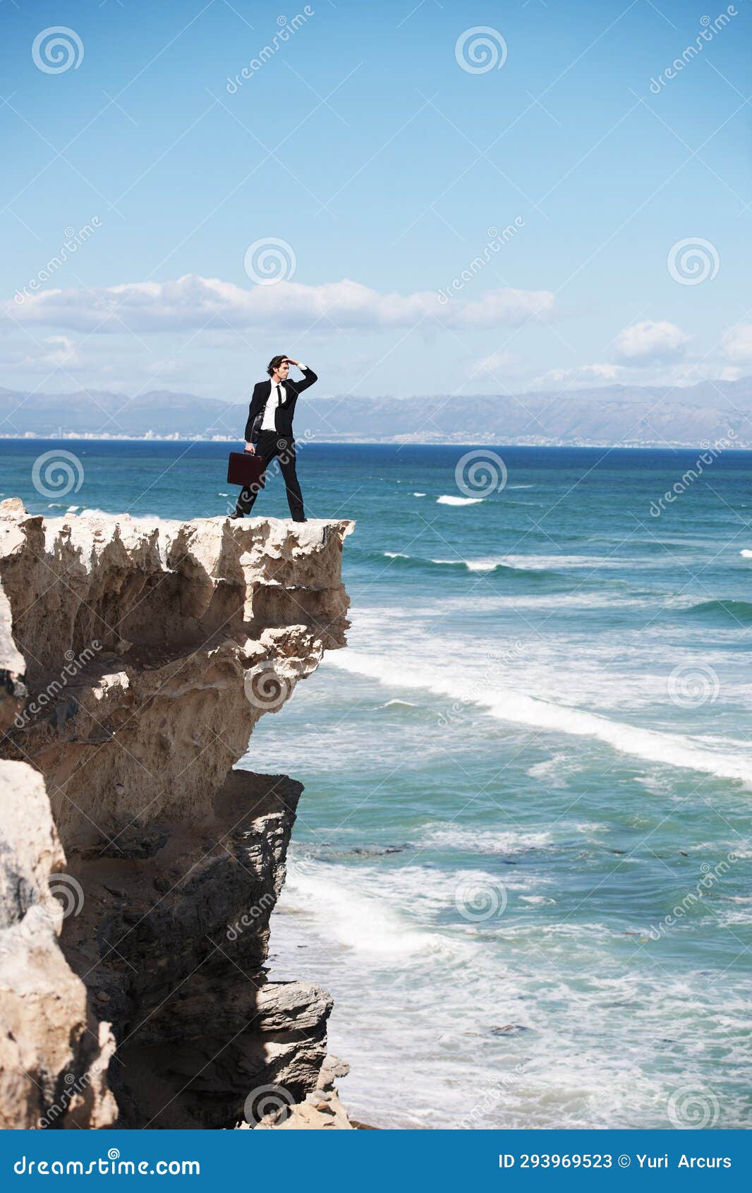 Thinking, Cliff and Business Man on Edge by Ocean for Opportunity ...