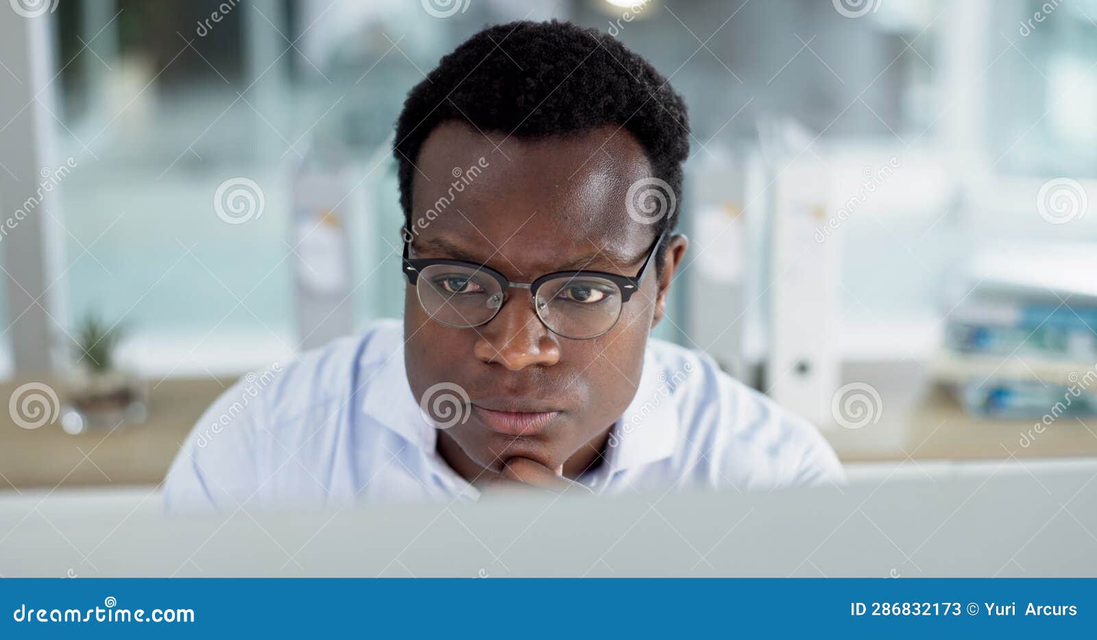 Thinking, Computer and Business Man in Office with Information ...