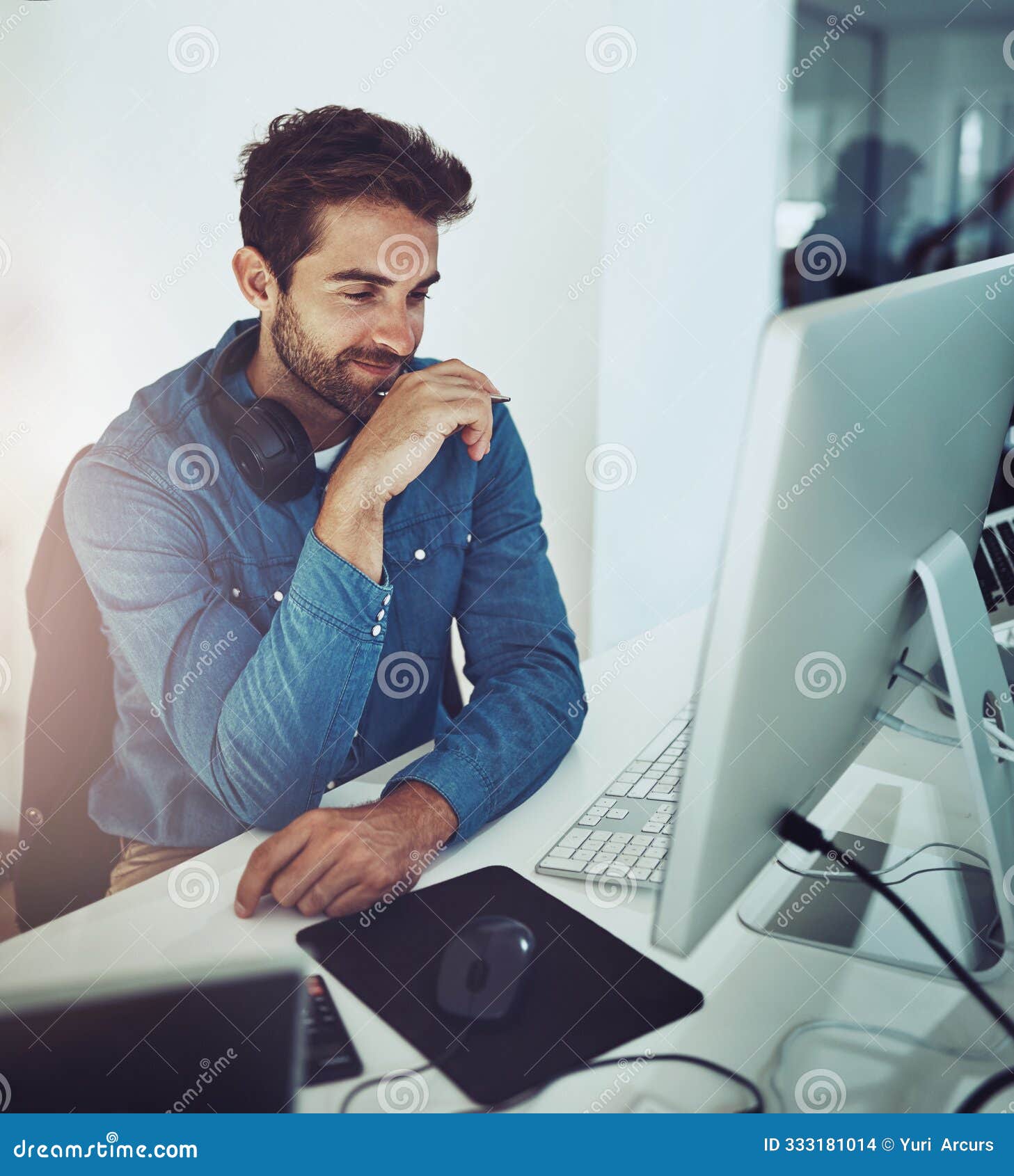 Thinking, Computer and Business Man Planning for Decision, Inspiration ...