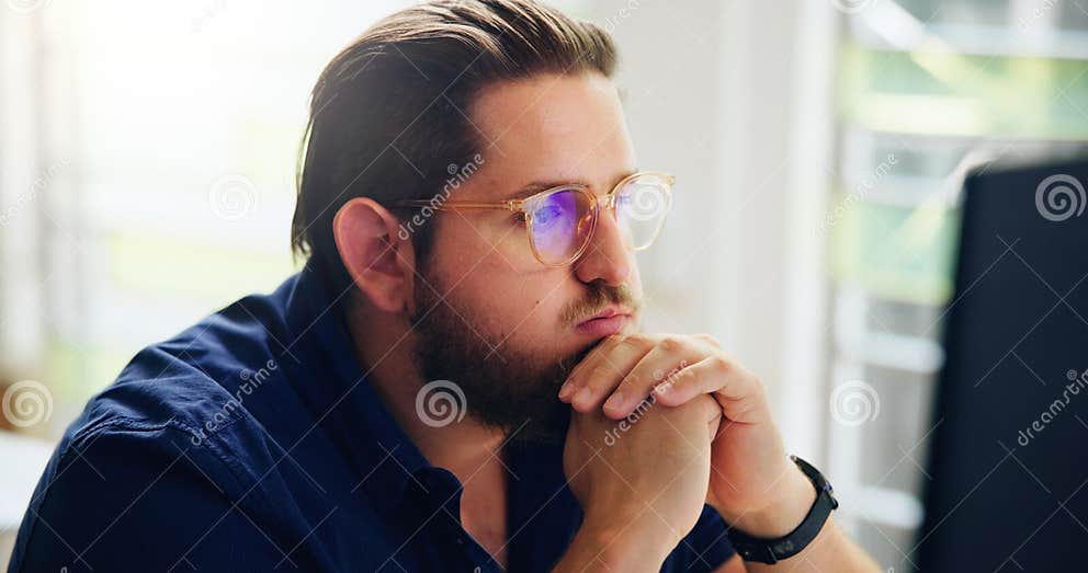 Thinking, Computer and Business Man Problem Solving, Brainstorming or ...