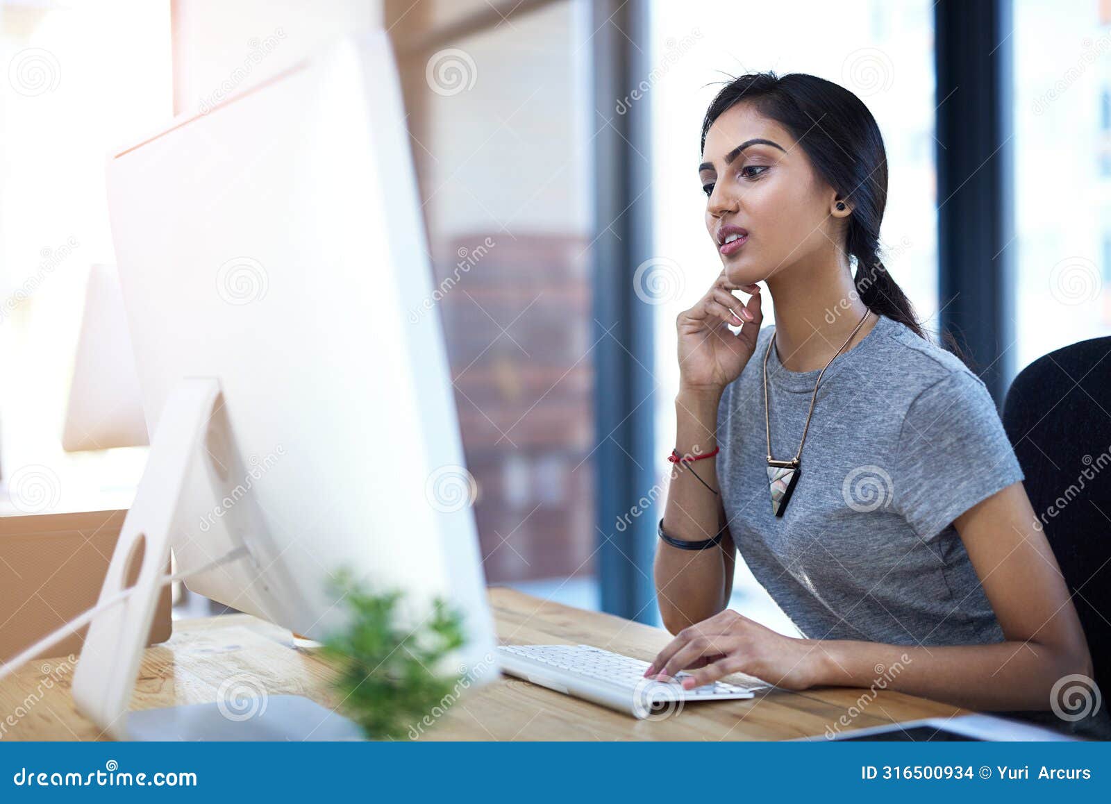 Thinking, Computer and Business Woman in Office for Research, Planning ...