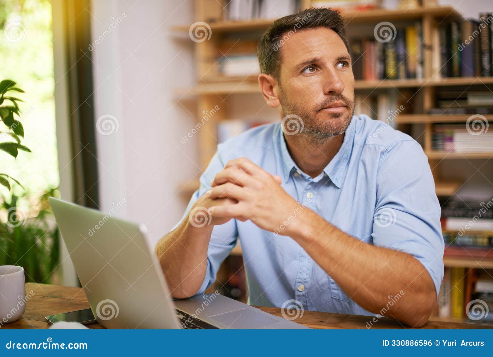 Thinking, Computer and Man in Home Office with Ideas, Planning and ...