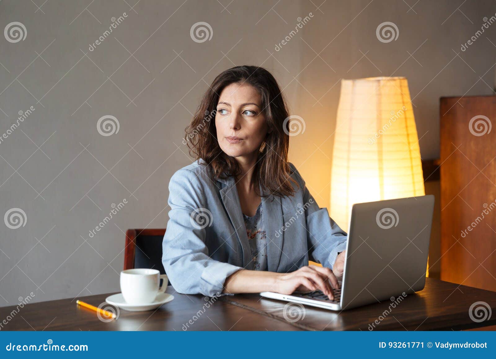 Thinking Concentrated Woman Writer Sitting Indoors Using Laptop Stock ...