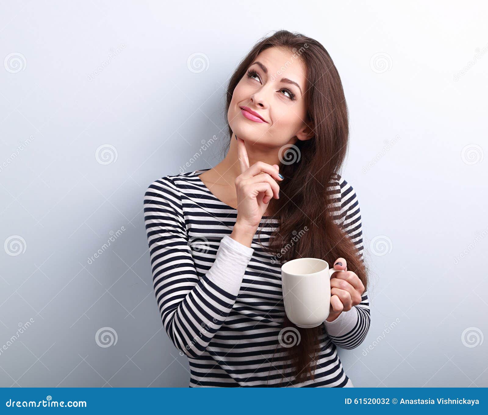 Thinking Concerned Young Woman Looking Up with Cup of Coffee Stock ...