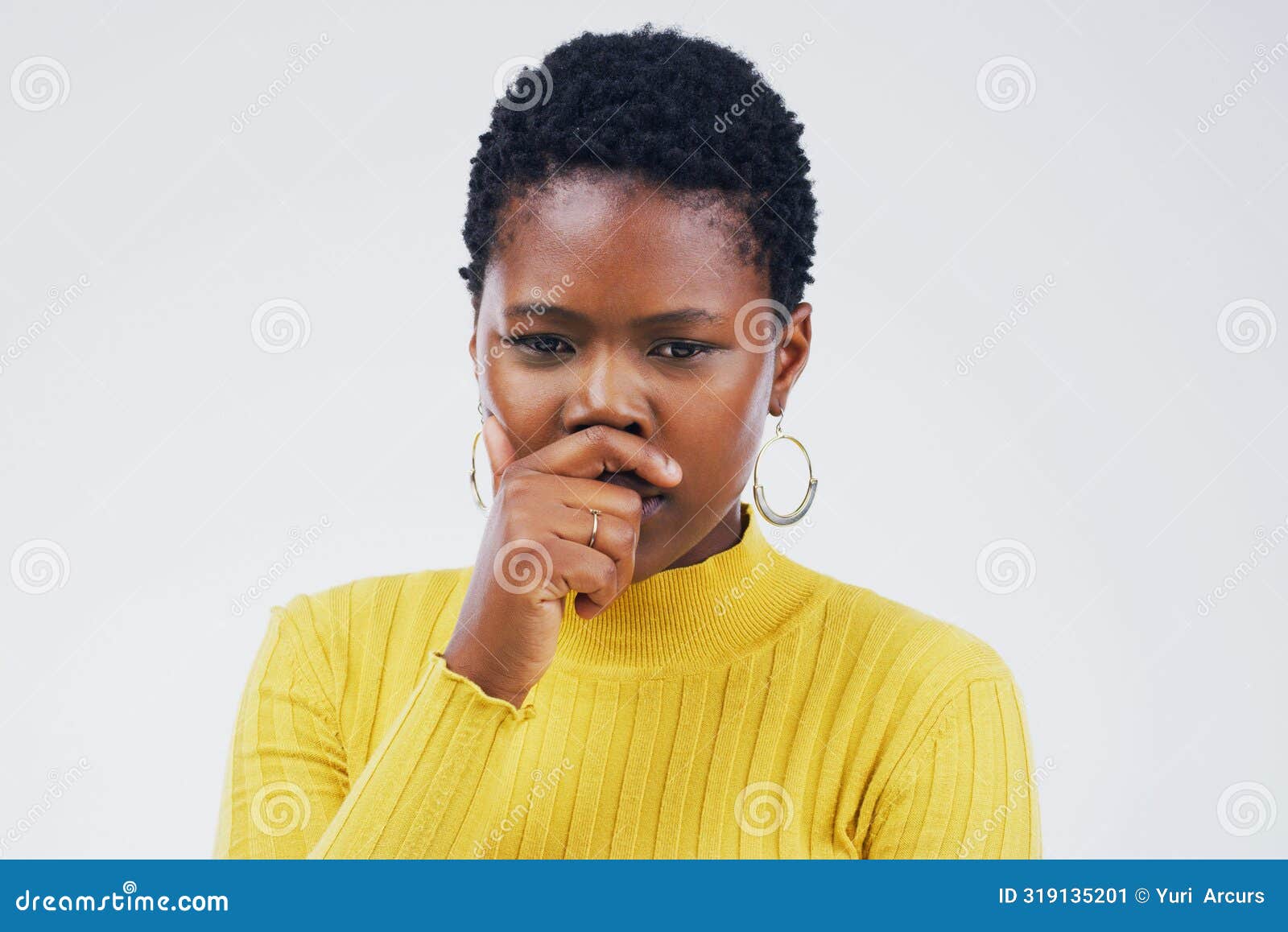 Thinking, Confused and Black Woman with Doubt in Studio for ...