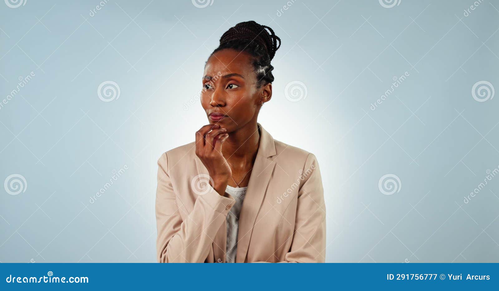 Thinking, Confused and Face of Black Woman in Studio with Idea ...