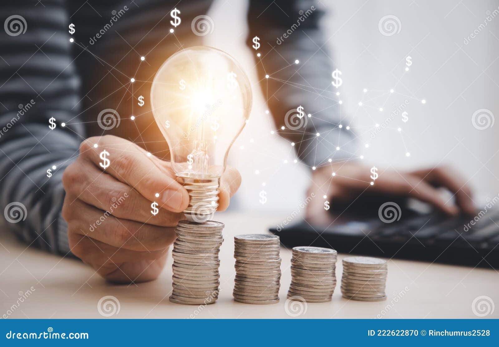 Thinking and Creative with Coins and Light Bulb Concept,Close Up Light ...