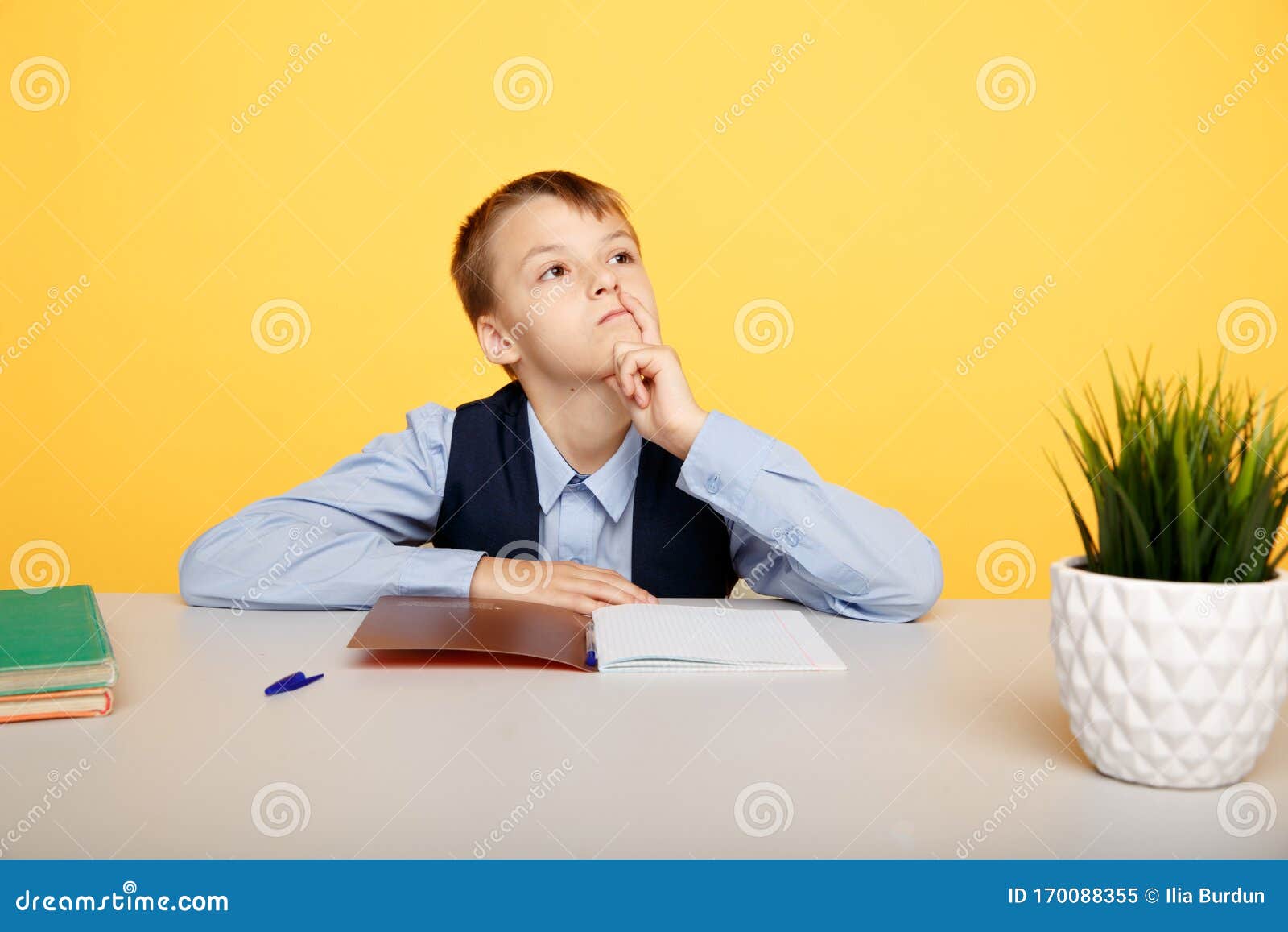 Thinking Cute Boy Pupil in Prosess of Studying Isolated. Stock Image ...