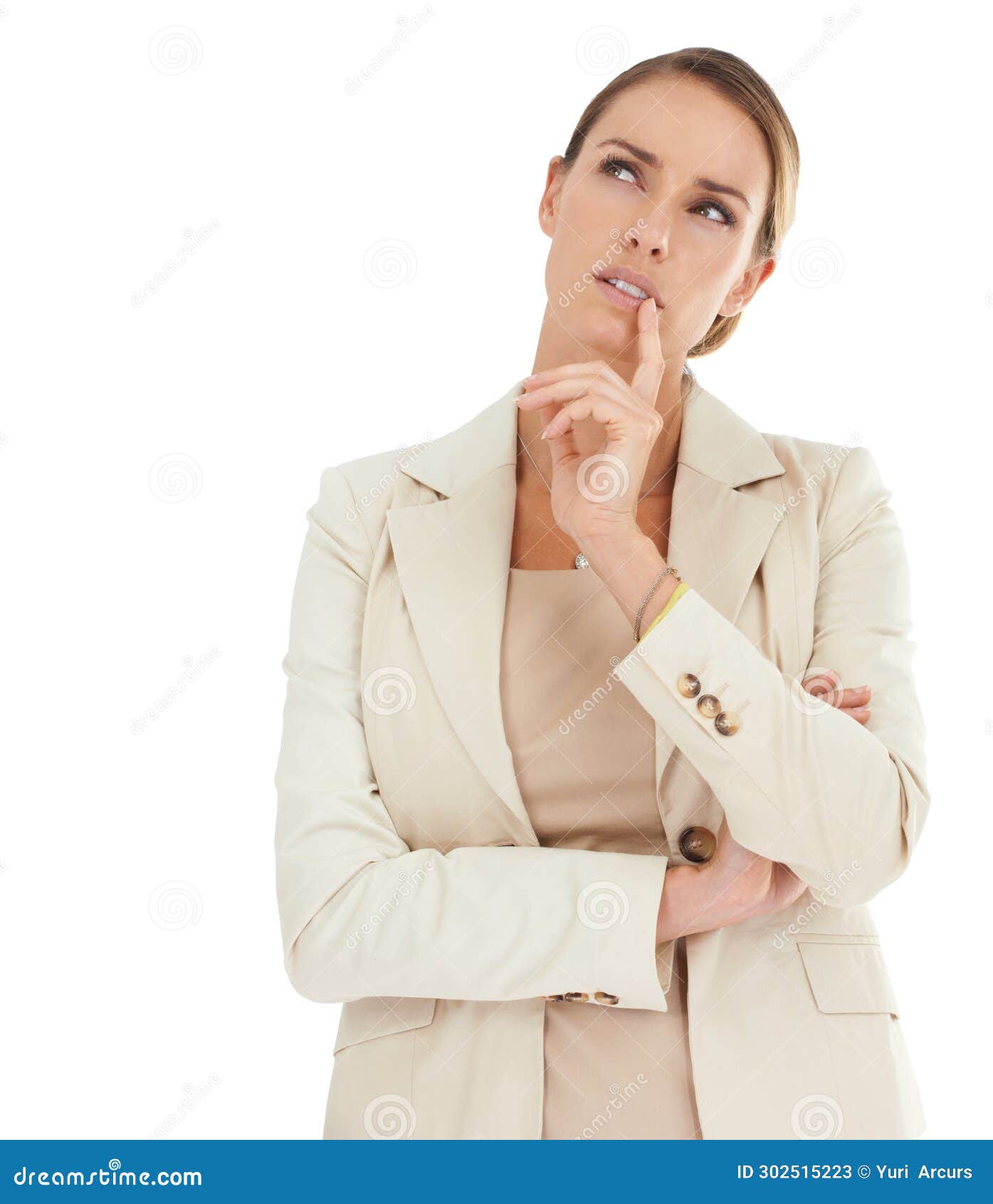 Thinking, Doubt or Businesswoman in Studio for Problem Solving or Space ...