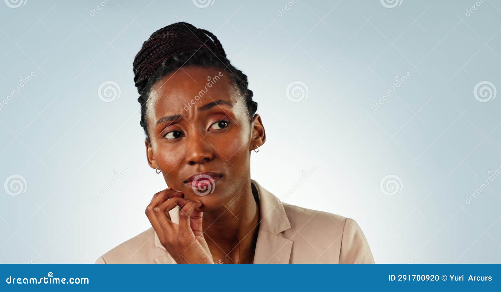 Thinking, Doubt and Face of Black Woman in Studio with Idea, Question ...