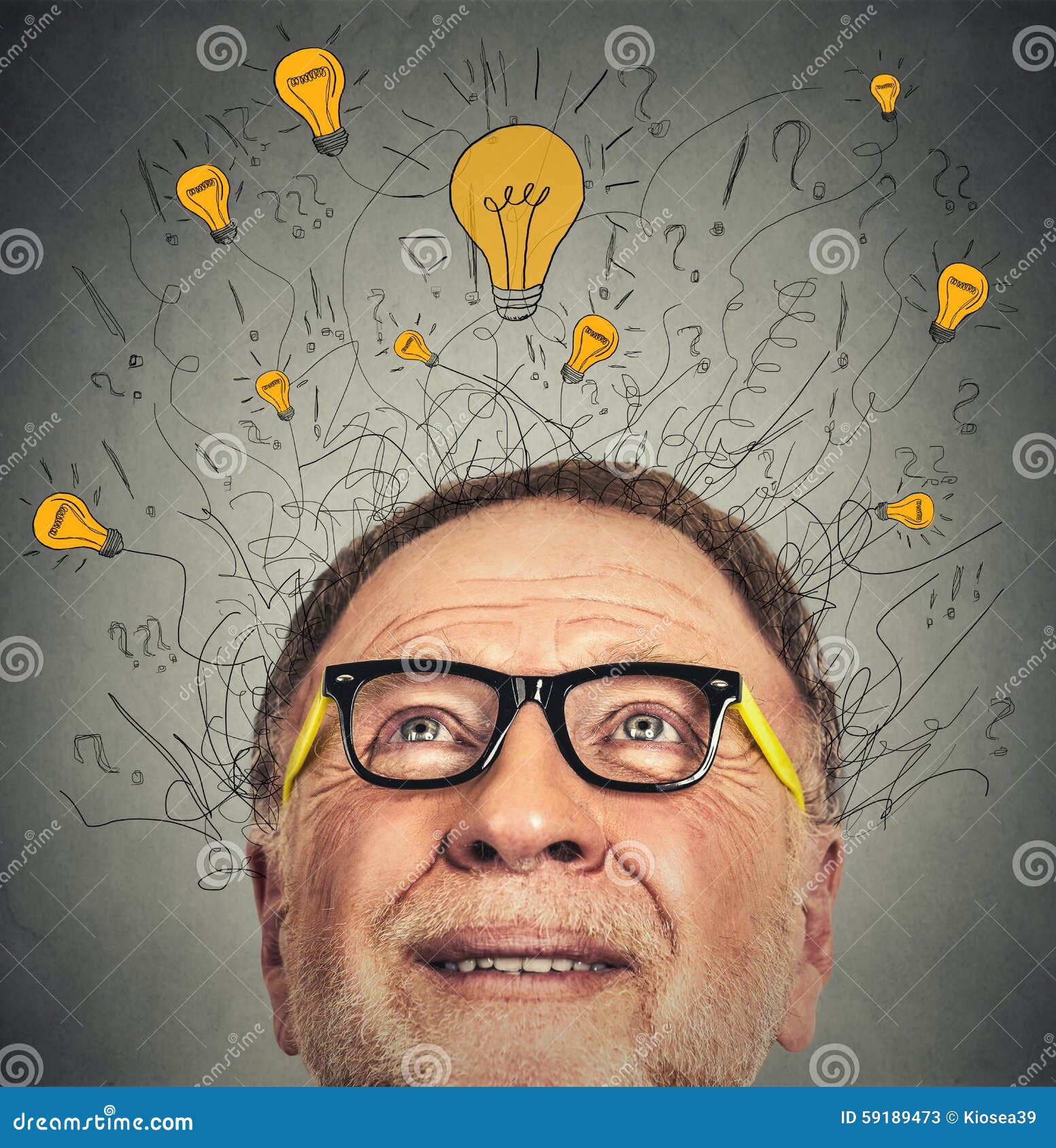 Thinking Elderly Man with Question Signs and Light Idea Bulb Above Head ... Thinking Elderly Man with Question Signs and Light Idea Bulb Above Head ...