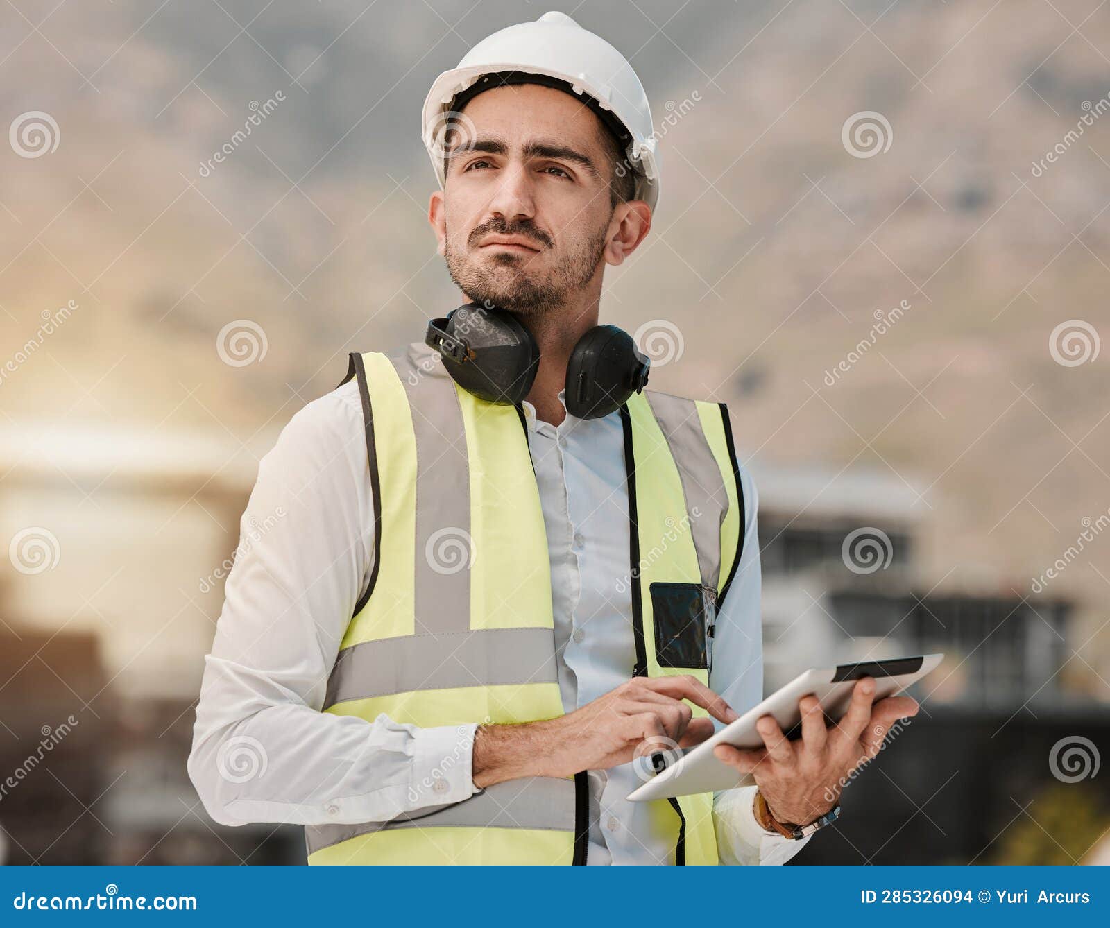 Thinking, Engineering and Man at Construction Site with Tablet for ...