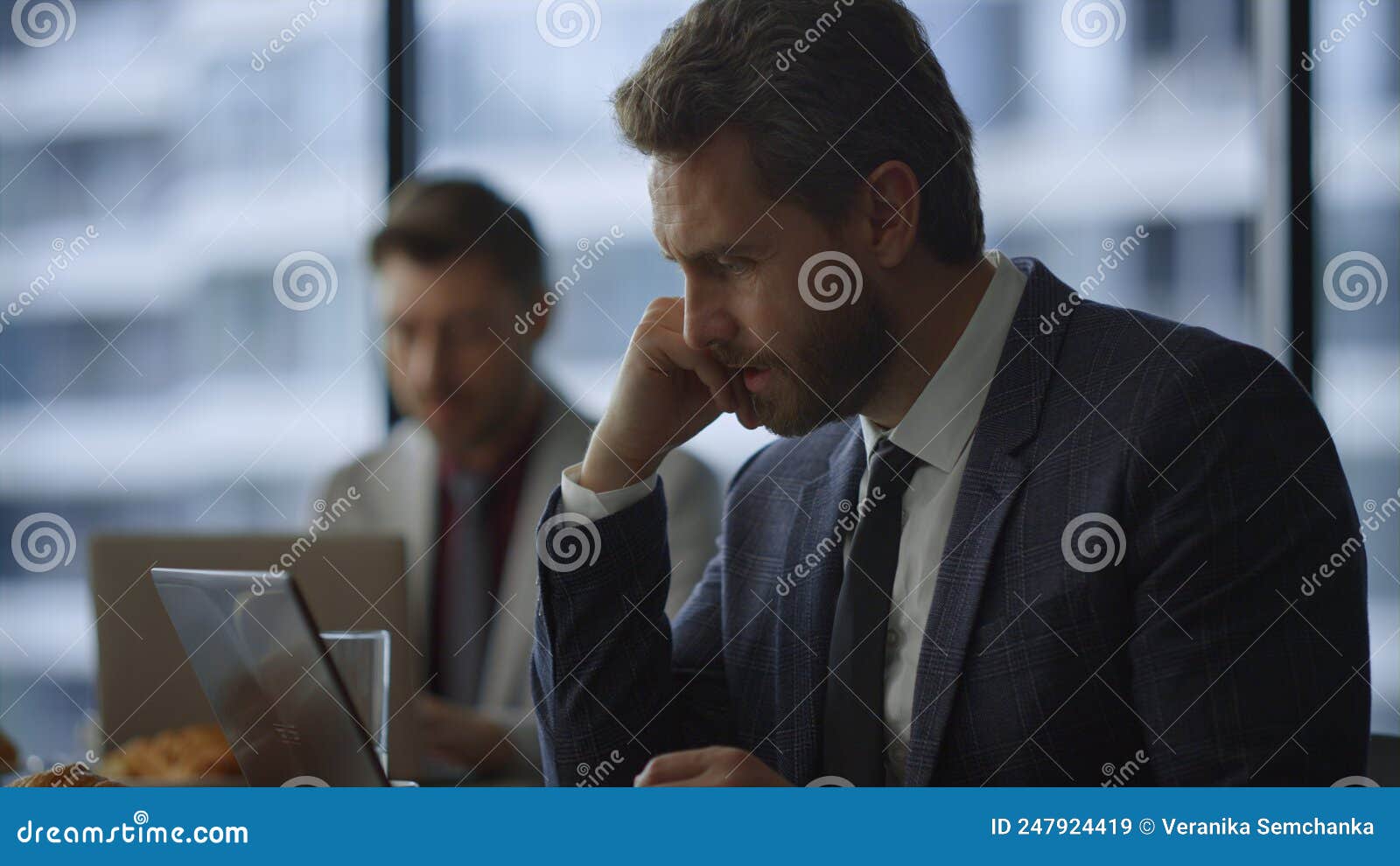 Thinking Entrepreneur Looking Computer Screen Solving Problem in Cafe ...