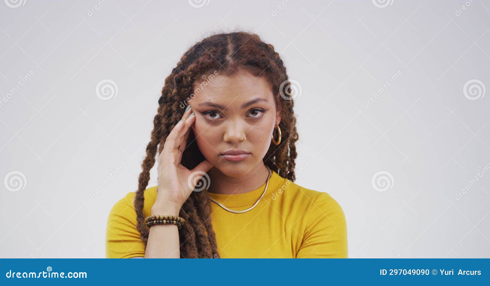 Thinking, Face and Studio Woman Doubt, Uncertain Confused with Project ...