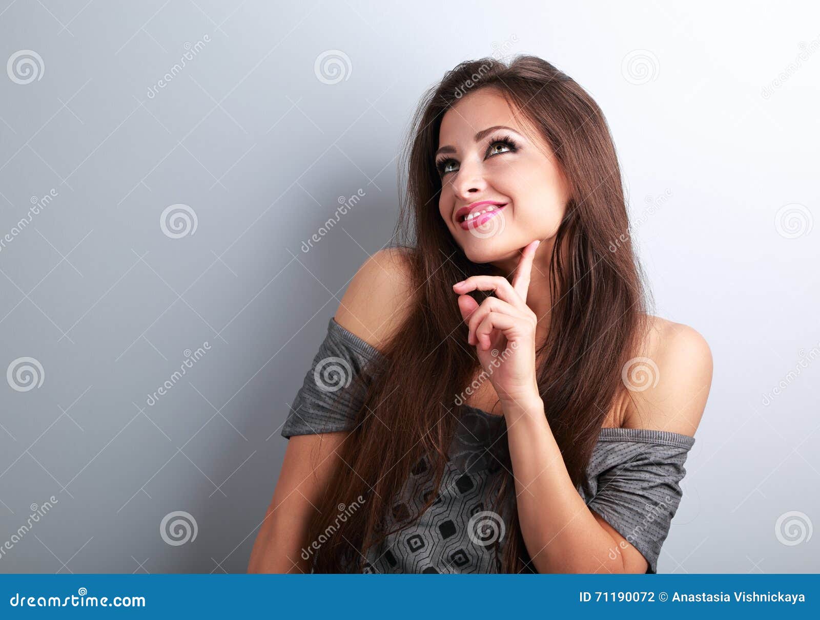 Thinking Fashion Young Female Model Looking Up on Empty Copy Space ...