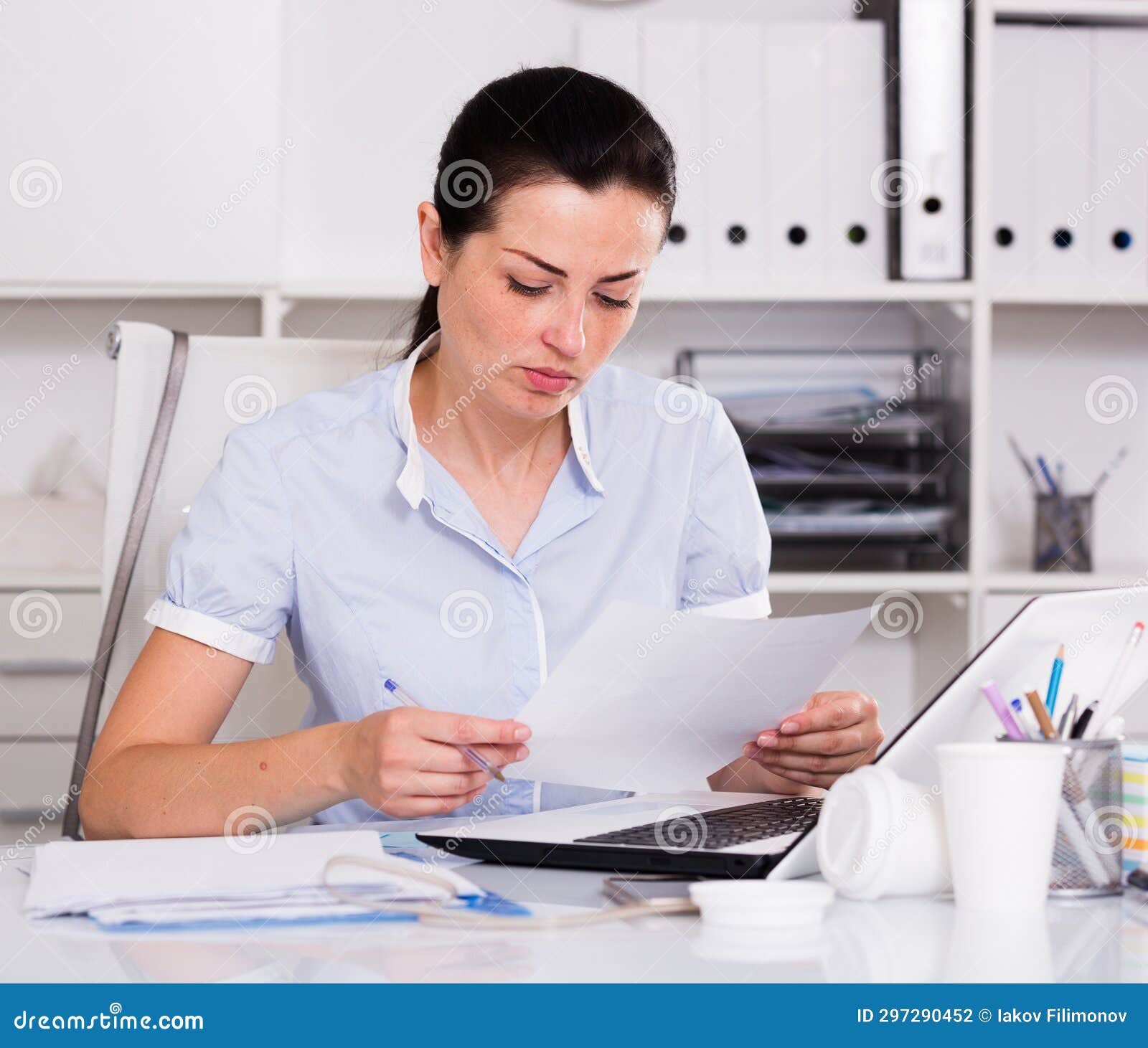 Thinking Female in Office Sitting at the Table Stock Photo - Image of ...
