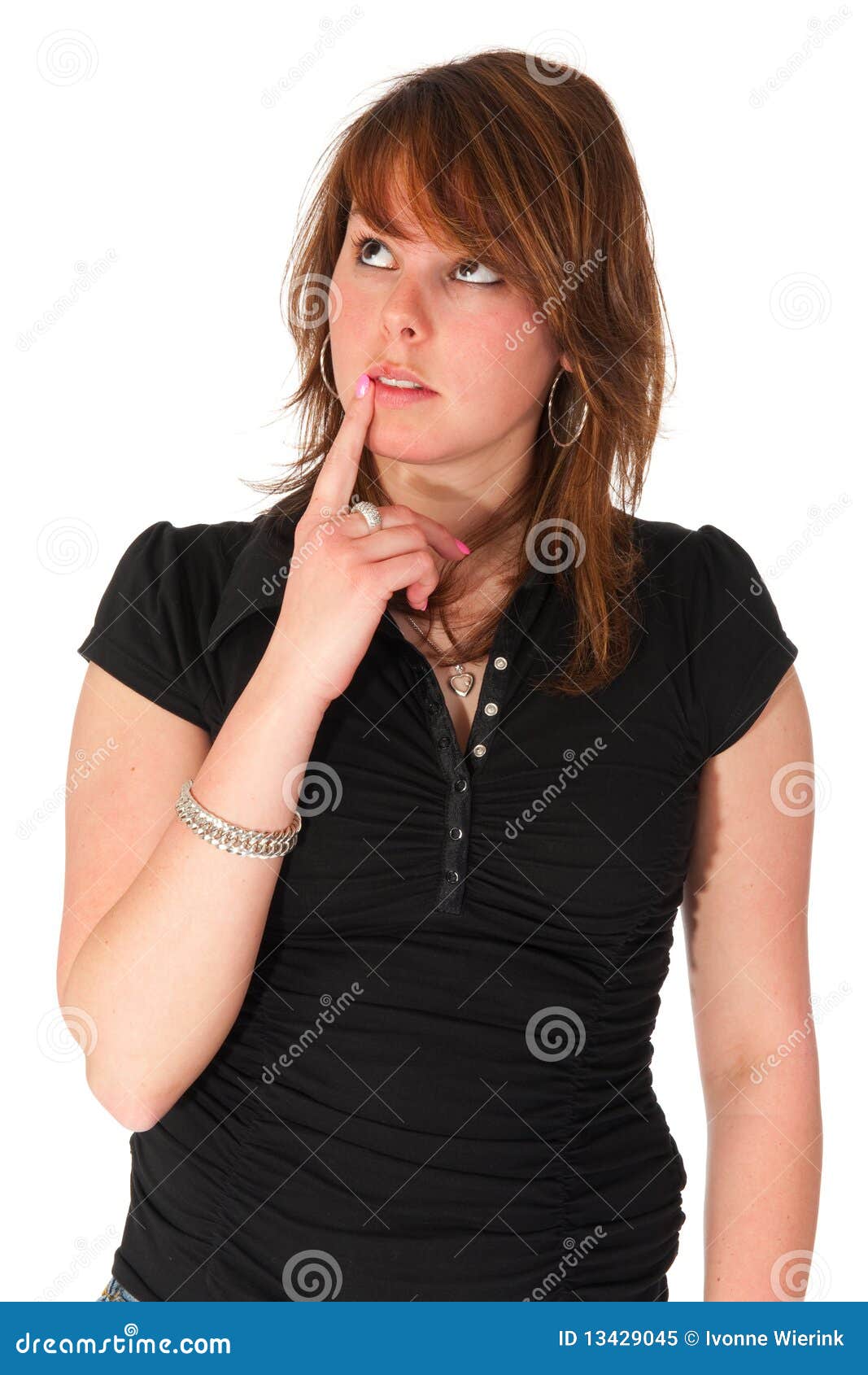 Thinking girl stock image. Image of white, vertical, earrings - 13429045