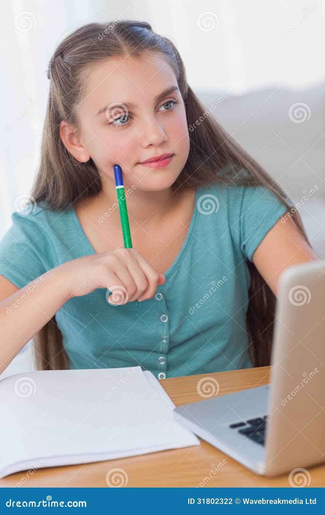 Thinking Girl Doing Her Homework Stock Photo - Image of knowledge, hair ...