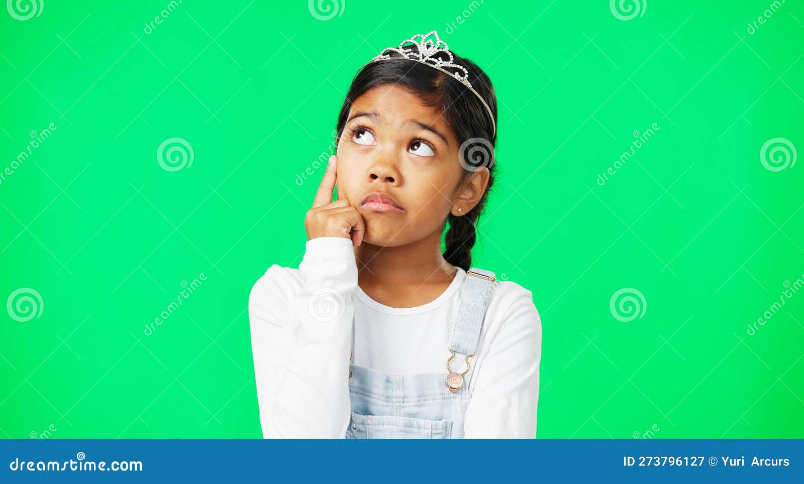 Thinking, Green Screen and Child Wondering with a Question Feeling ...