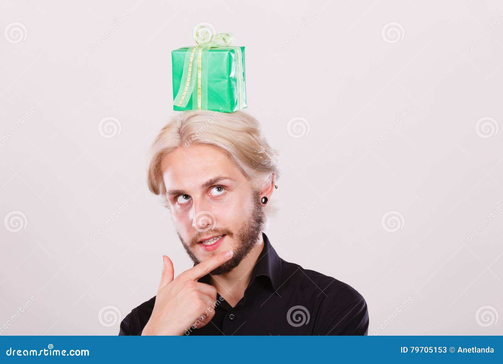 Thinking Guy with Green Gift Box on His Head Stock Image - Image of ...
